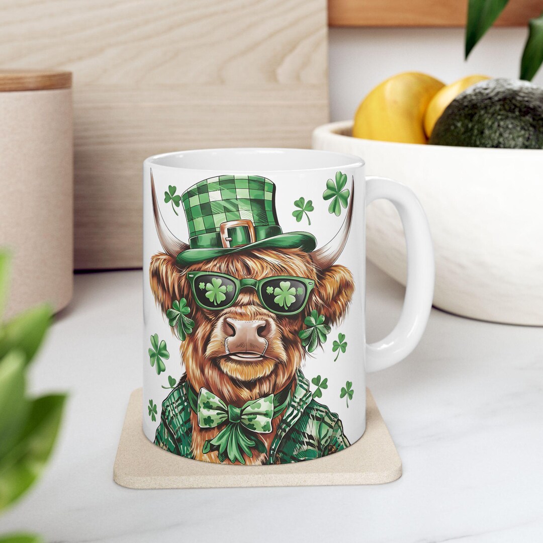 St Patrick's Day Highland Cow Coffee Mug, Farmhouse Ceramic Cup, Green ...