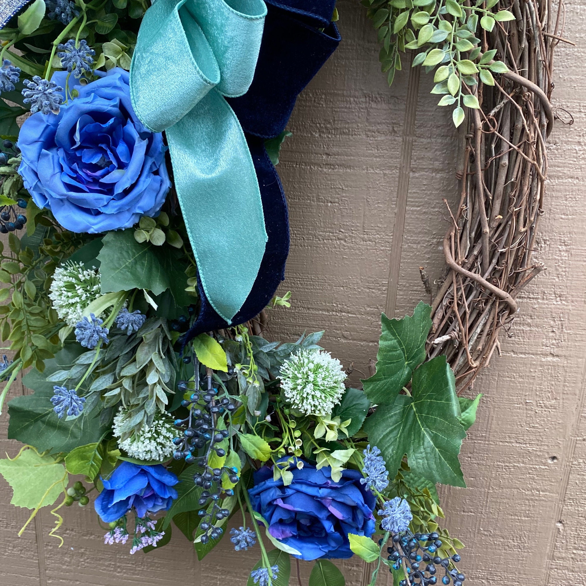 Blue Flower Wreath, Fall Wreath, Everyday Wreath, Summer Wreath, Floral ...
