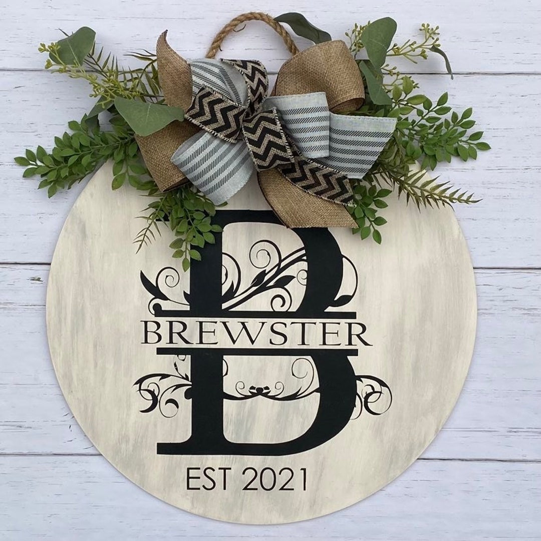 Monogramed Wood Round, Last Name Wreath, Front Door Name, Established ...