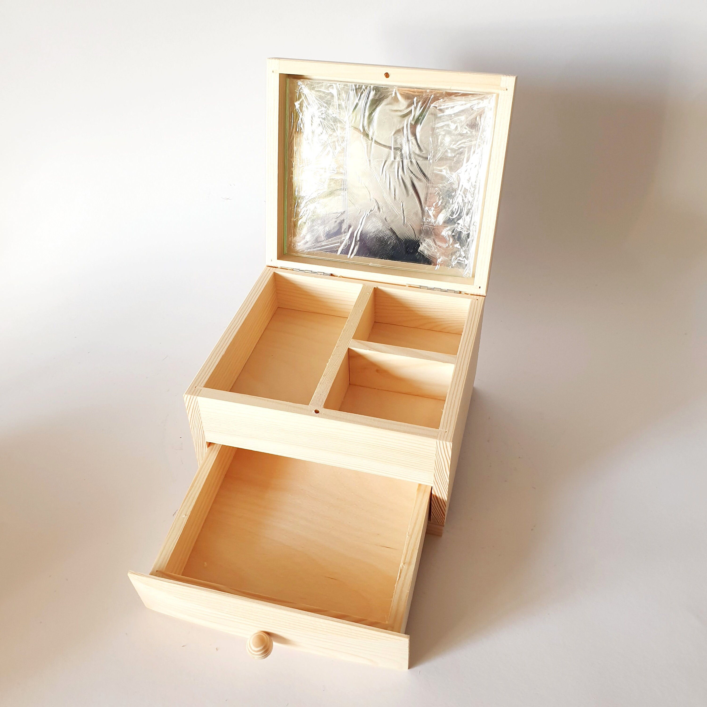 Chest Box With 1 Drawer and Mirror , Cosmetics Wood Box, Unpainted Wood ...