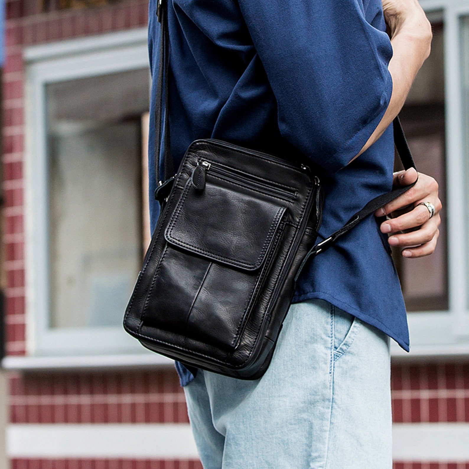 Small Crossbody Bag Black Leather, Handmade Sling Bag for Men - Etsy