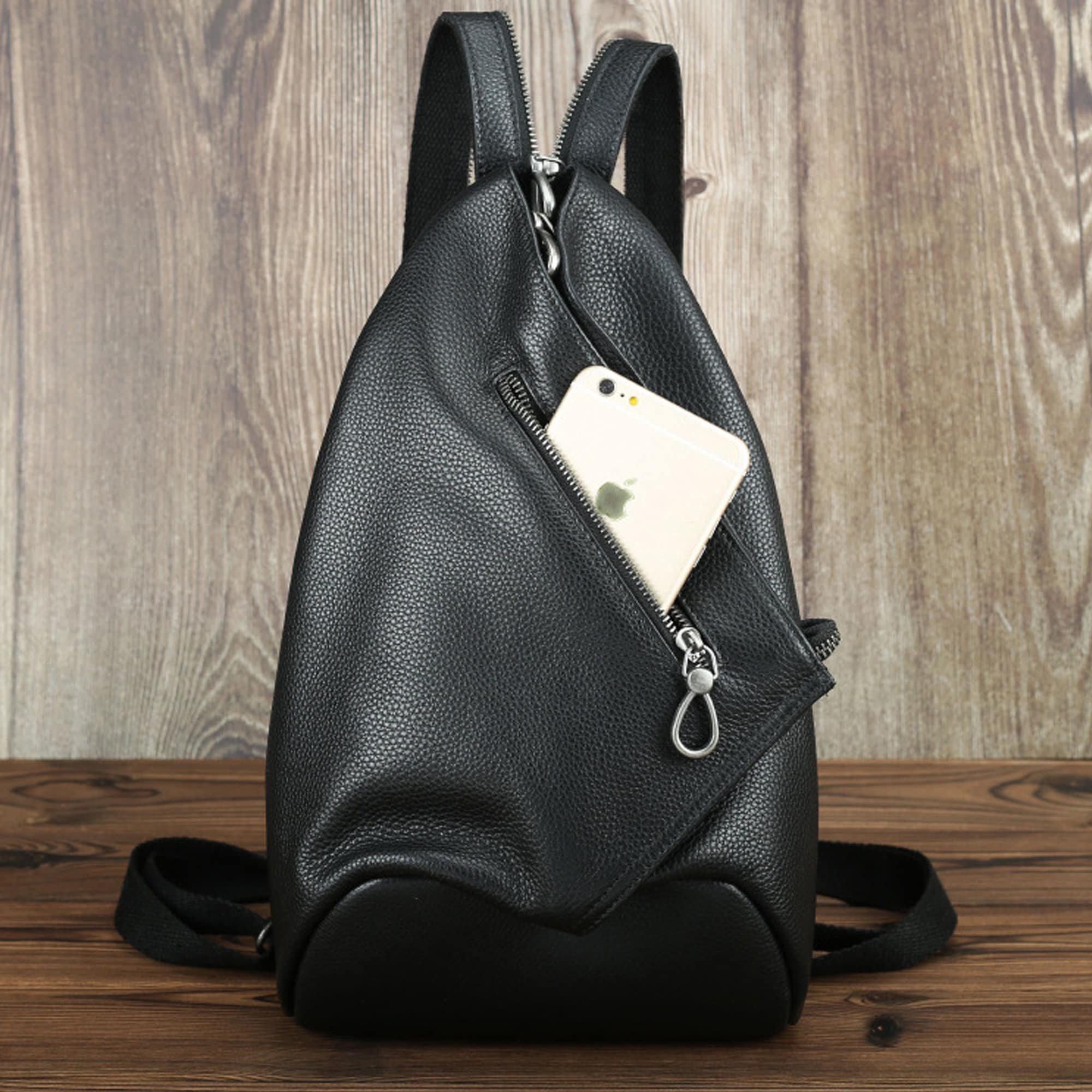 Soft Leather Men Sling Backpack Black One Shoulder Sling Bag | Etsy