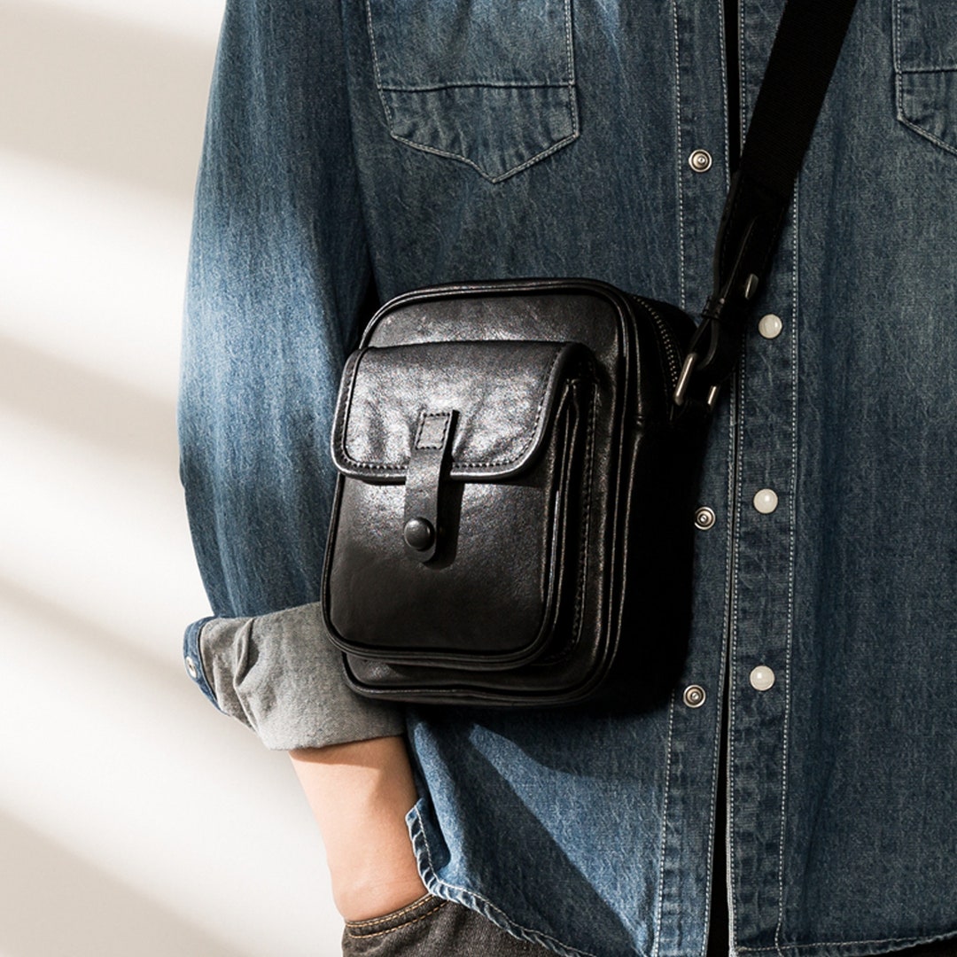 Leather Sling Bag Black/men Corssbody Bag/side Bag for Fathers Day Gift ...