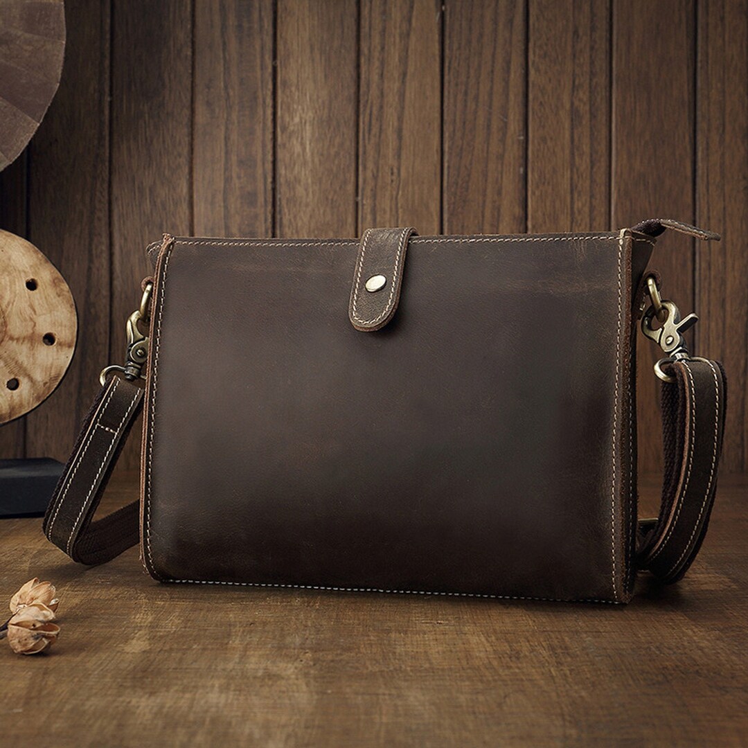 Brown Leather Clutch Bag for Men, Detachable Wrist Strap, Men Clutch ...