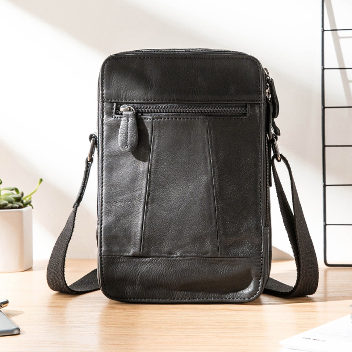 Small crossbody bag black leather handmade sling bag for men | Etsy