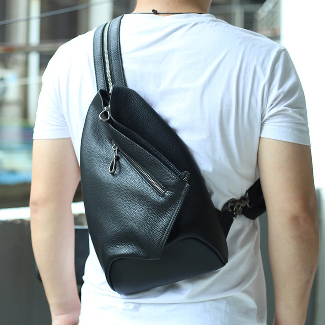 Soft Leather Men Sling Backpack Black One Shoulder Sling Bag - Etsy