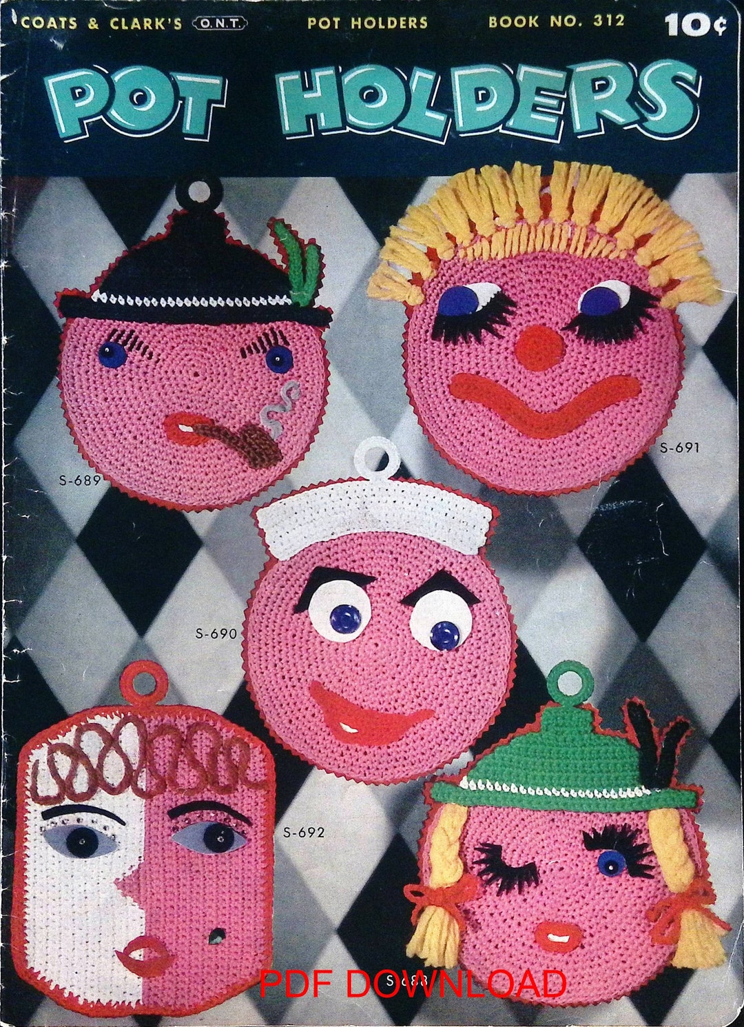 1950's Vintage Crochet Book - Pot Holders - Bananas, Fish, Sea Shell ...