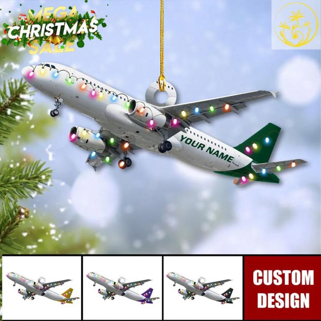 Custom Airplane With Christmas Light 2D Ornament, Airplane Christmas ...