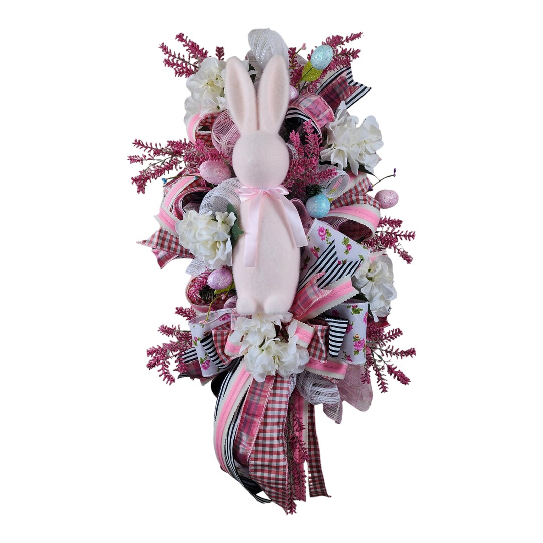 Spring Flocked Bunny and Floral Swag for Your Front Door, Deco Mesh and ...