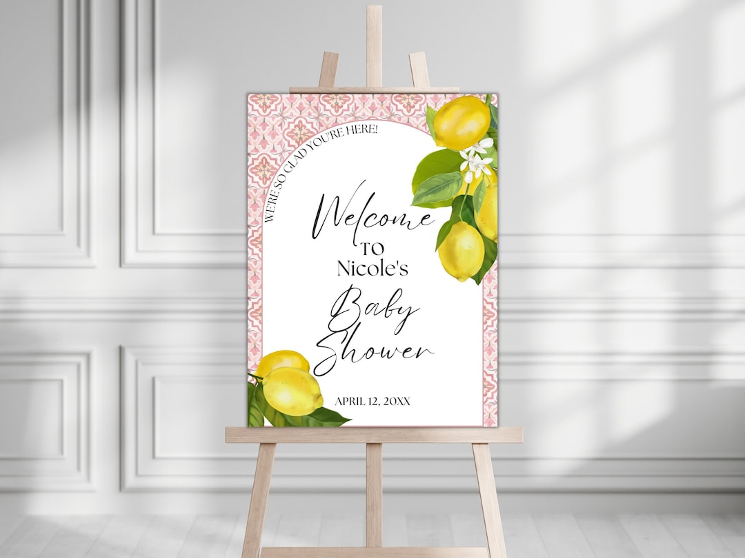 Lemons Pink Tiles Baby Shower Arched Entrance Sign 18x24, Italian Baby ...