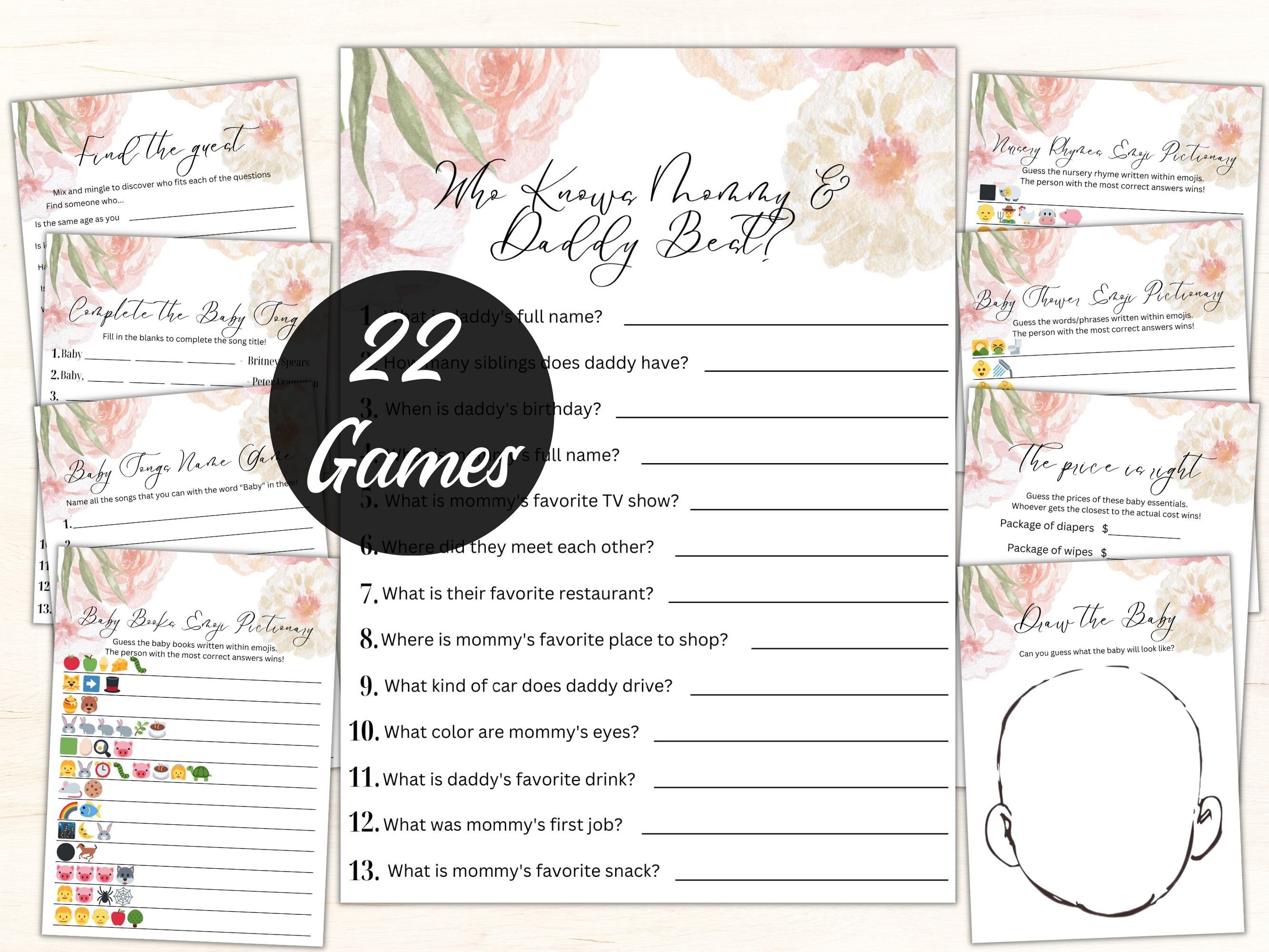 Blush Pink Floral Baby Shower Games, Pink Baby Shower Game Bundle, Coed ...