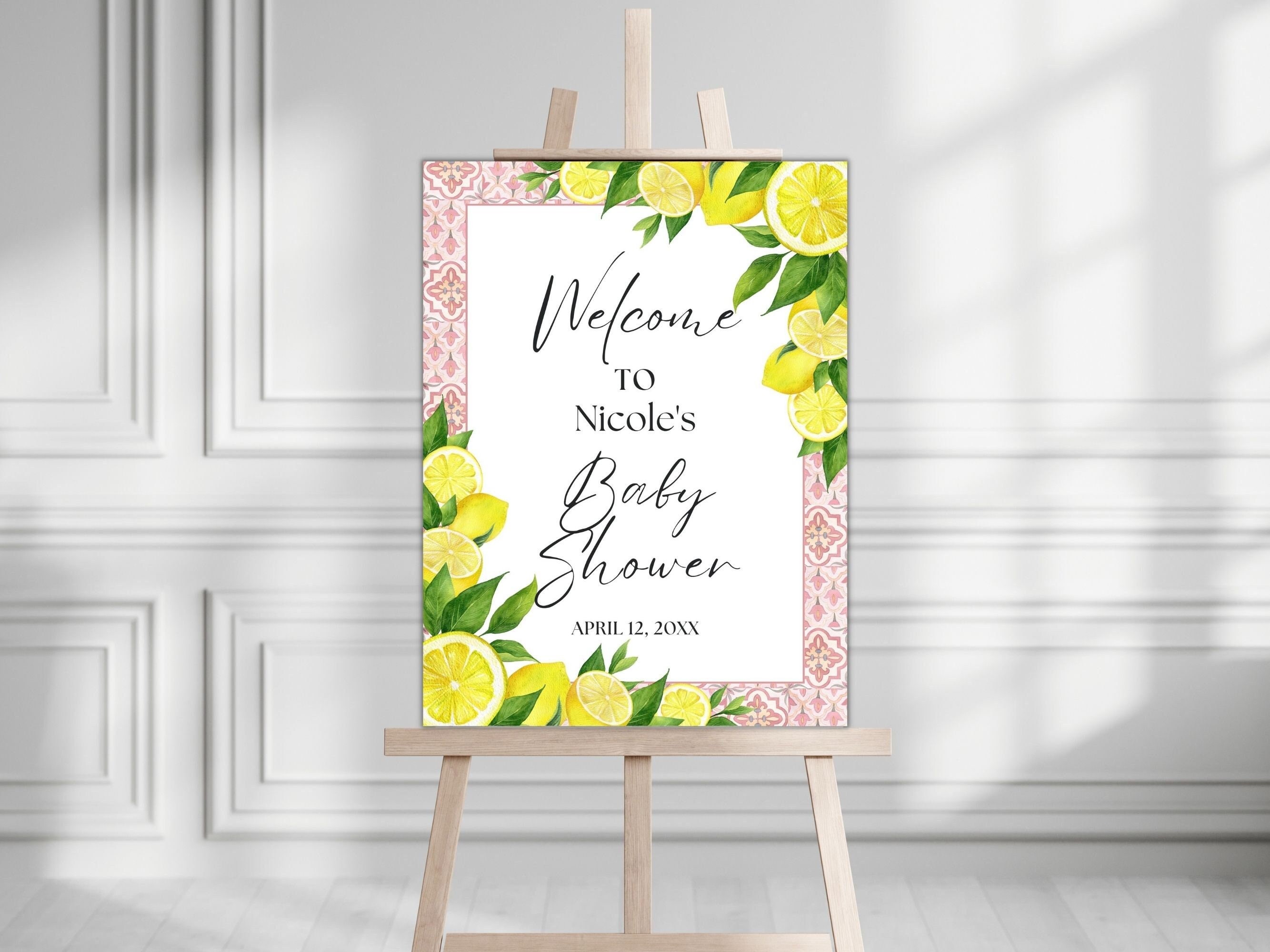 Lemons Pink Tile Baby Shower Entrance Sign 18x24, Italian Baby Shower ...
