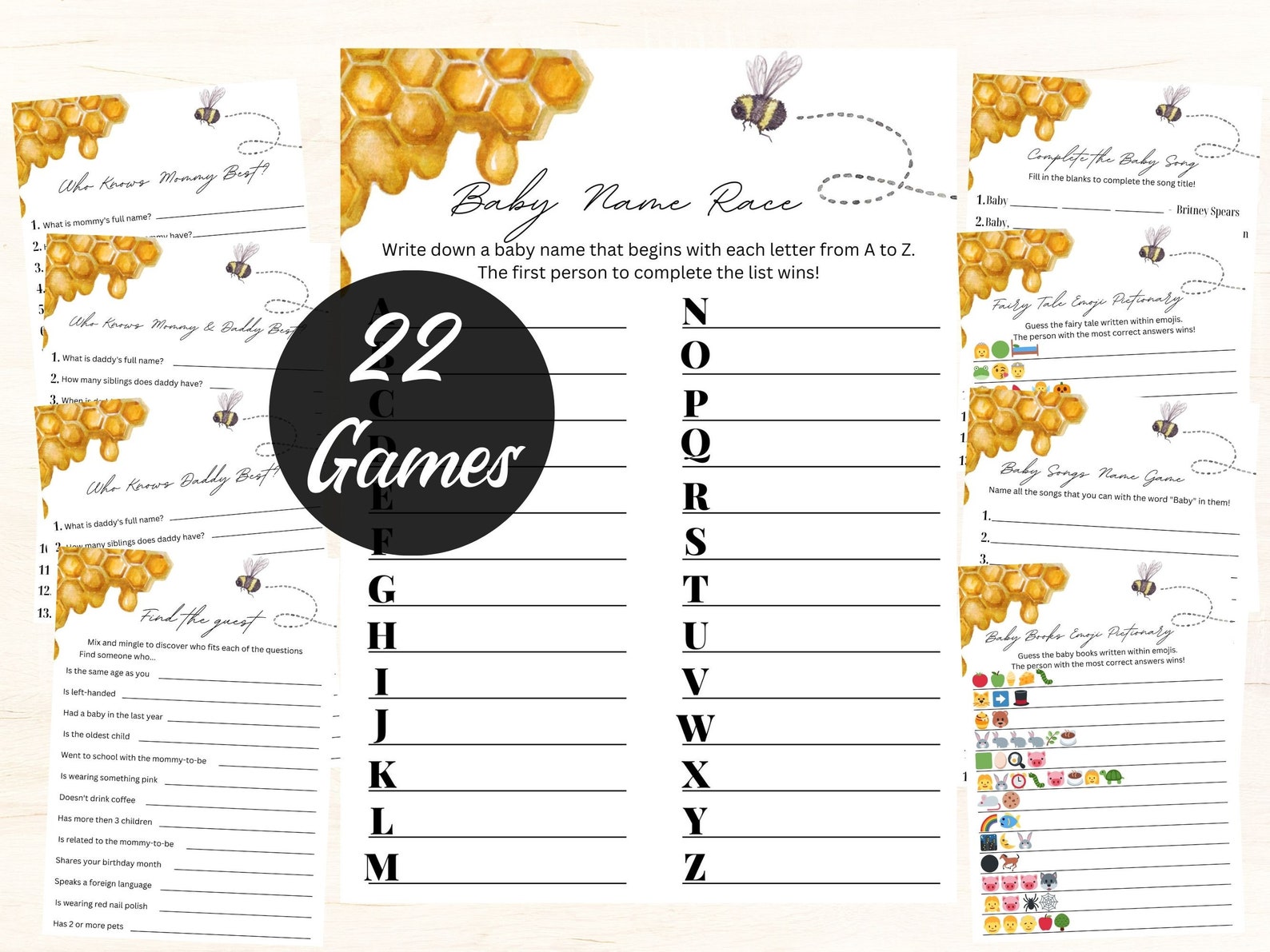 Honey Bee Baby Shower Games Bundle, 22 Baby Shower Games With Solutions ...