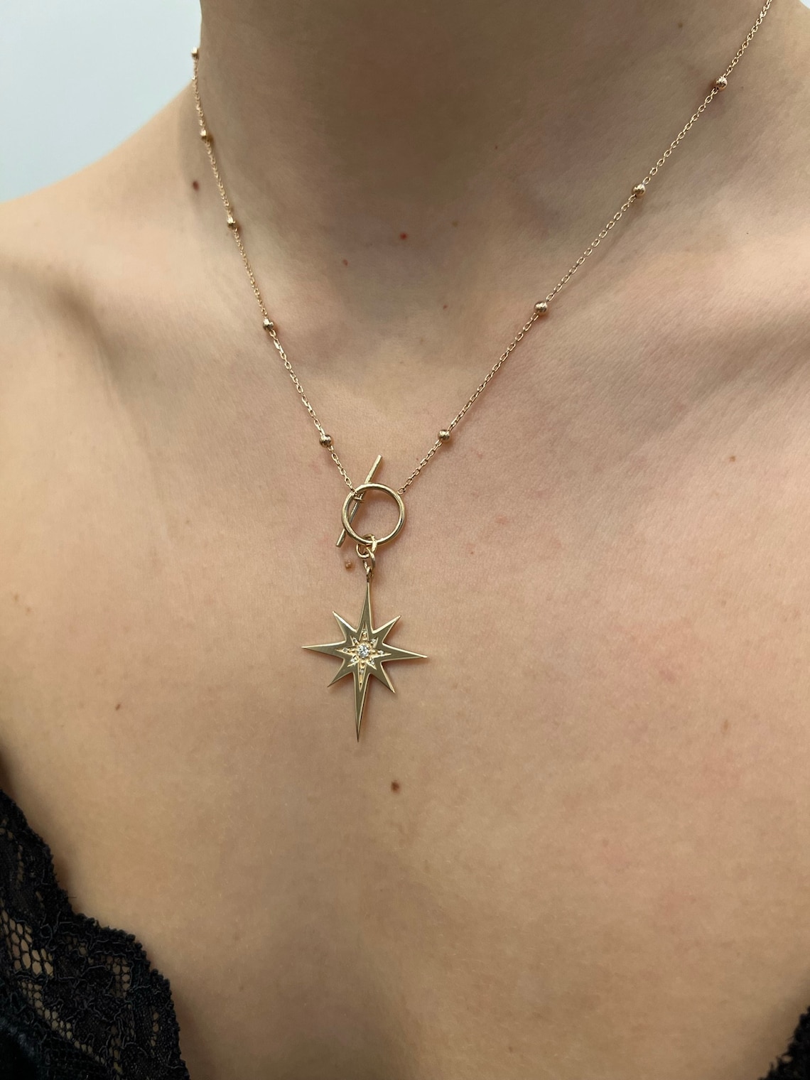 North Star Diamond Necklace Star Necklace 14kt Solid Rose - Etsy