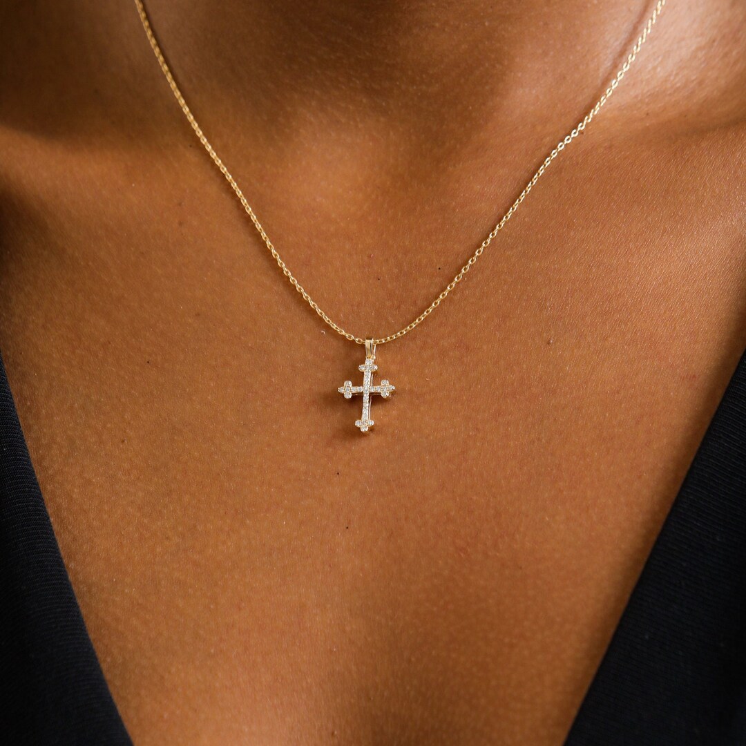 Diamond Cross Necklace, 14k Gold Pendant, Dainty Diamond Cross, Baptism ...
