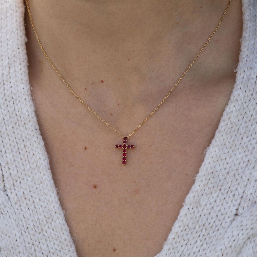 Natural Ruby Cross Pendant: 14k Gold Necklace, Prong Setting - Etsy