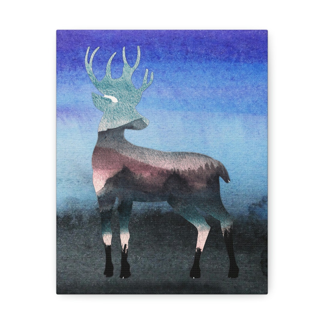 Watercolour Silhouette of Deer Satin Canvas Stretched Wall - Etsy