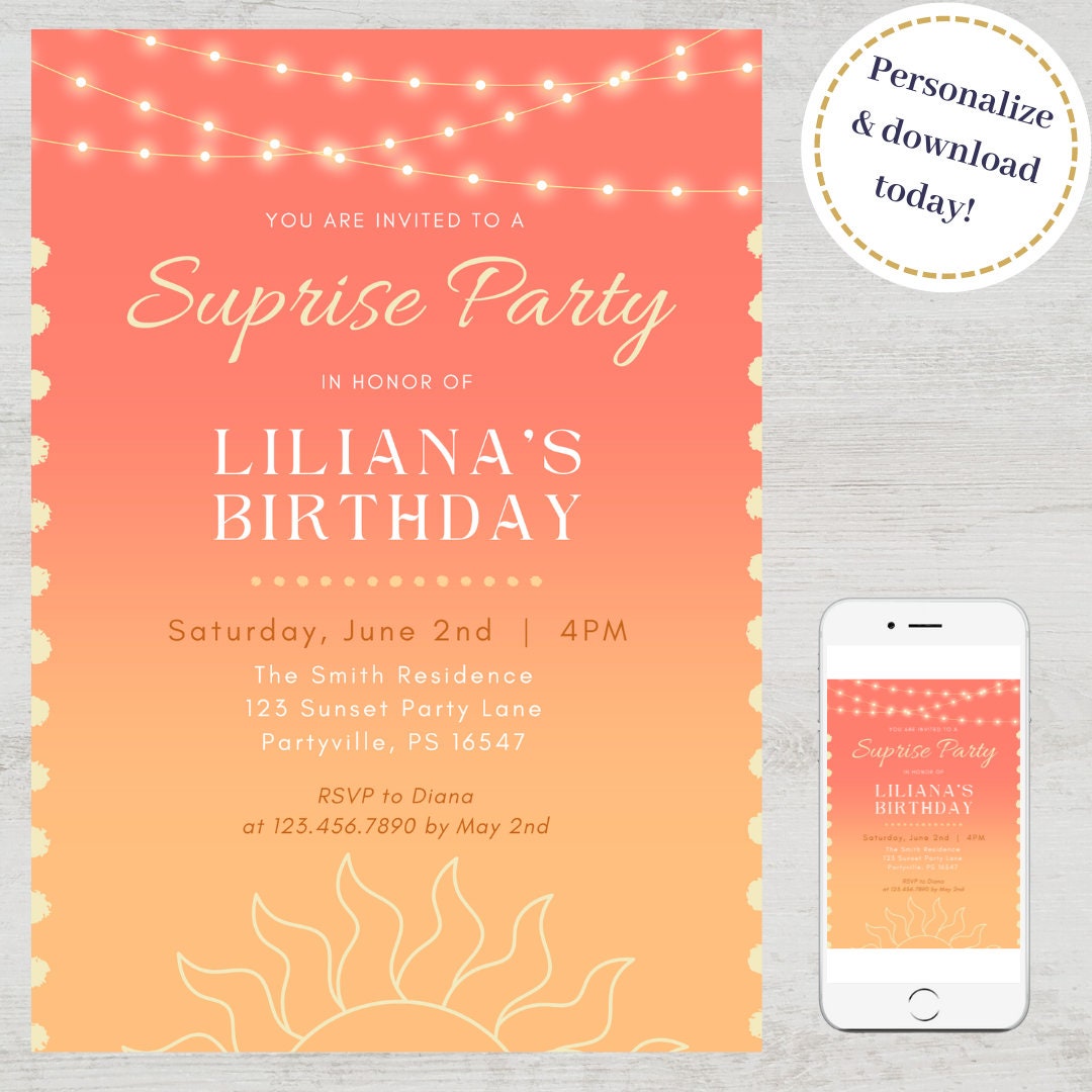 Sunset Themed Birthday Invitation, Digital Bday Orange Peach Invite ...