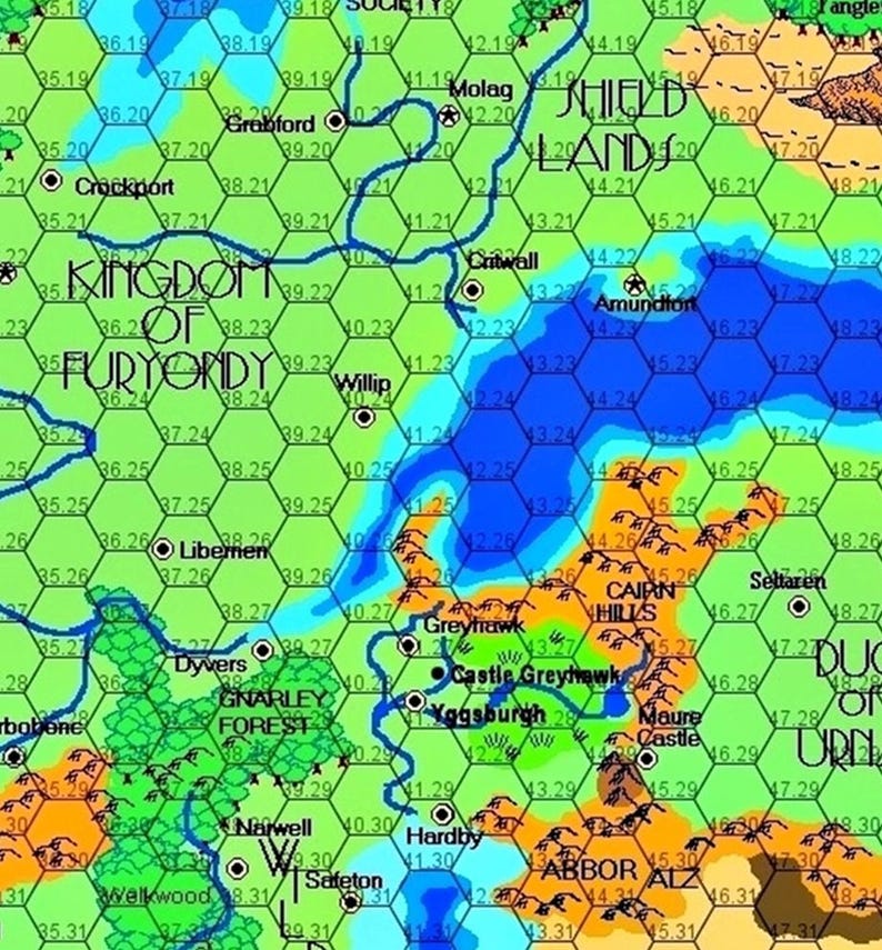 Greyhawk Map – Numbered Hexes, AD&D Dungeons and Dragons (digital ...