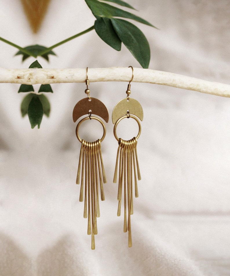 Boho Chic Earrings With Long Fringes and Half Moon • Brass • Hippie ...