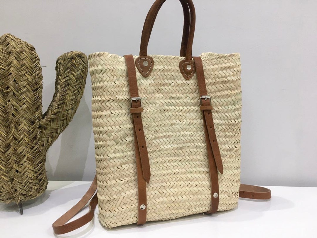 Straw Basket Backpack | Trendy Beach Tote Bag Leather Handles ...