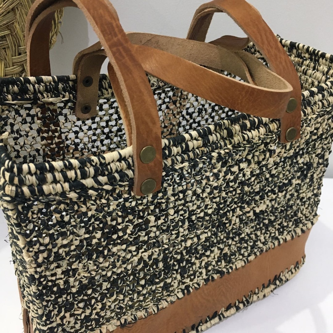 Natural Straw Raffia Bag Brun Leather | Wicker Woven Bag Straw Raffia ...