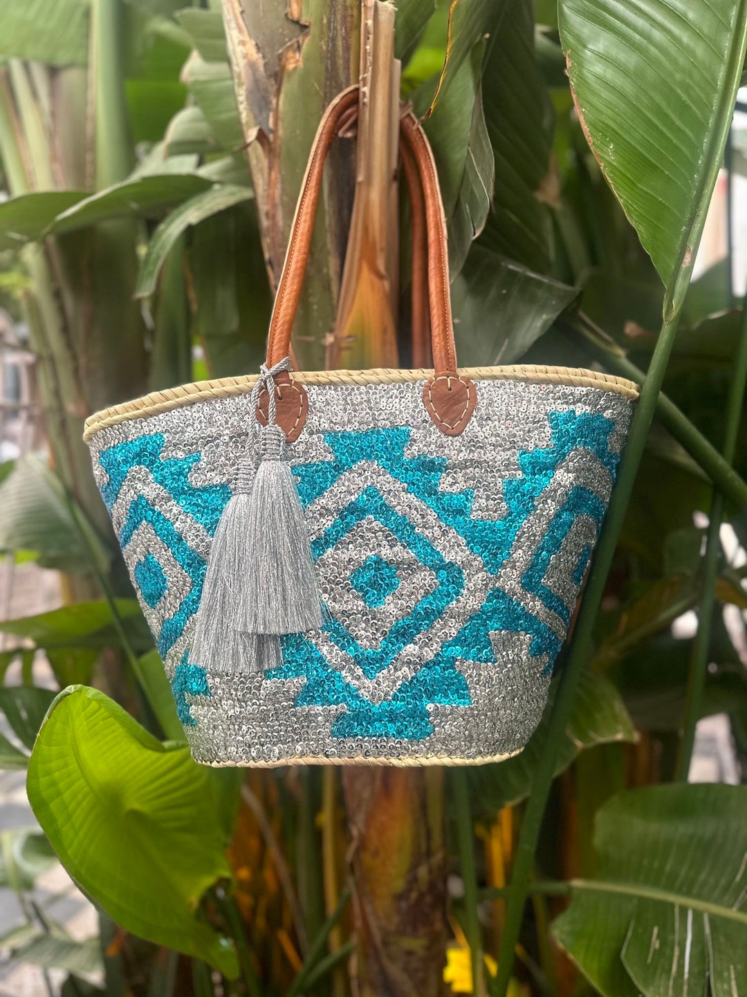 Straw Basket Bag Sequins Silver & Turquoise | Moroccan Basket Bag ...