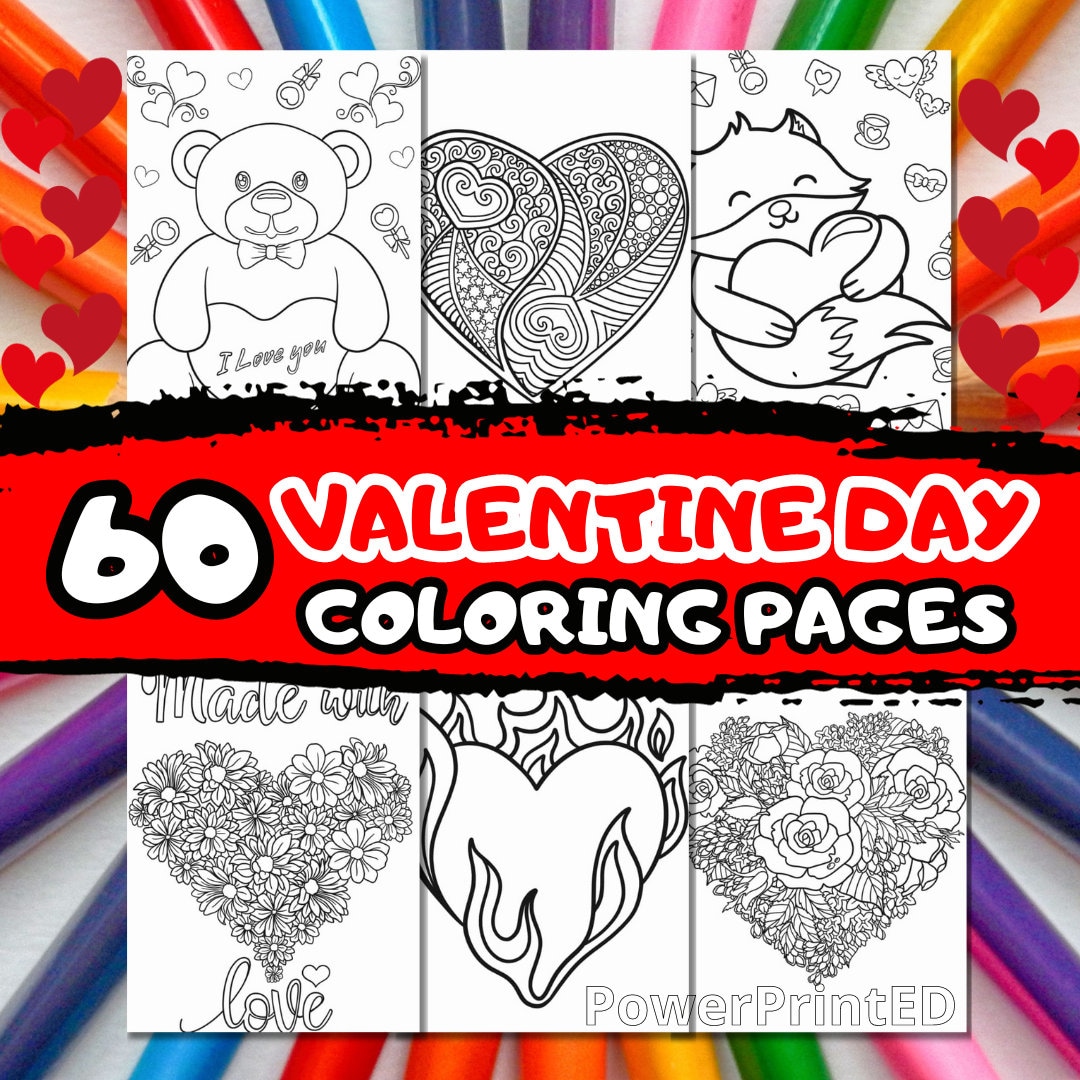 60 VALENTINE DAY Coloring Pages/valentine's Day Coloring Page Set ...