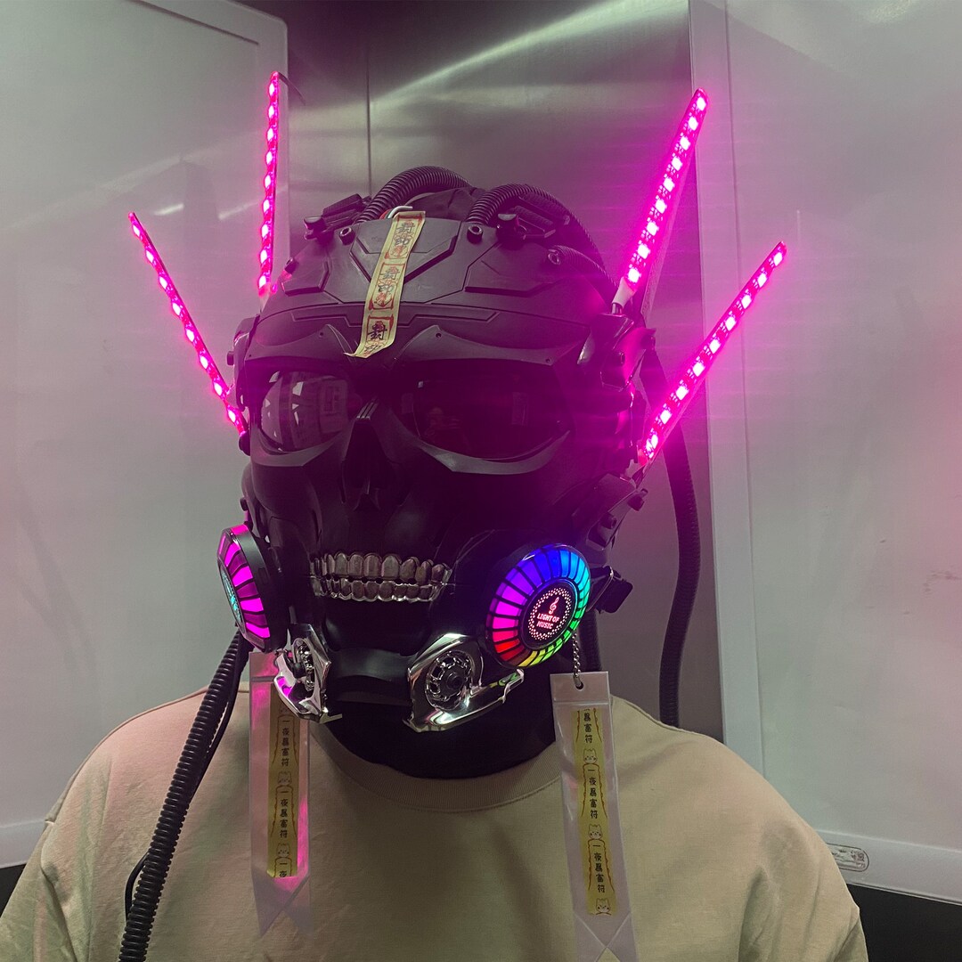 Sound Reactive Cyberpunk Mask Skull Cyber Mask Samurai Helmet Tactical ...