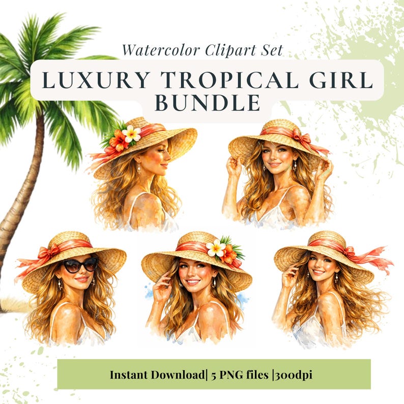 Watercolor Summer Hat Girl Clipart Bundle, Feminine Beach PNG - Etsy