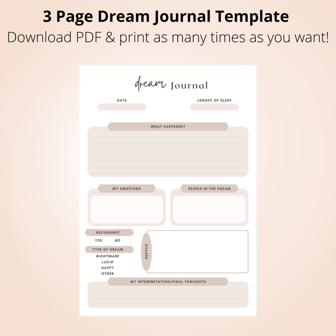Dream Journal Printable PDF | Dream Tracker | Dream Diary | Printable ...