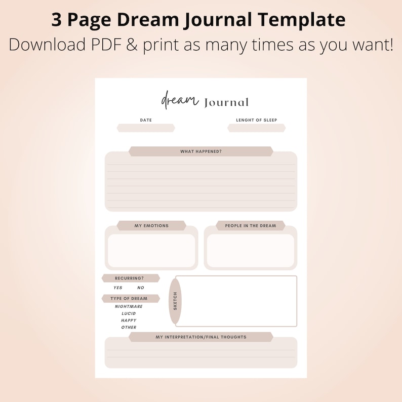 Dream Journal Printable PDF Dream Tracker Dream Diary - Etsy