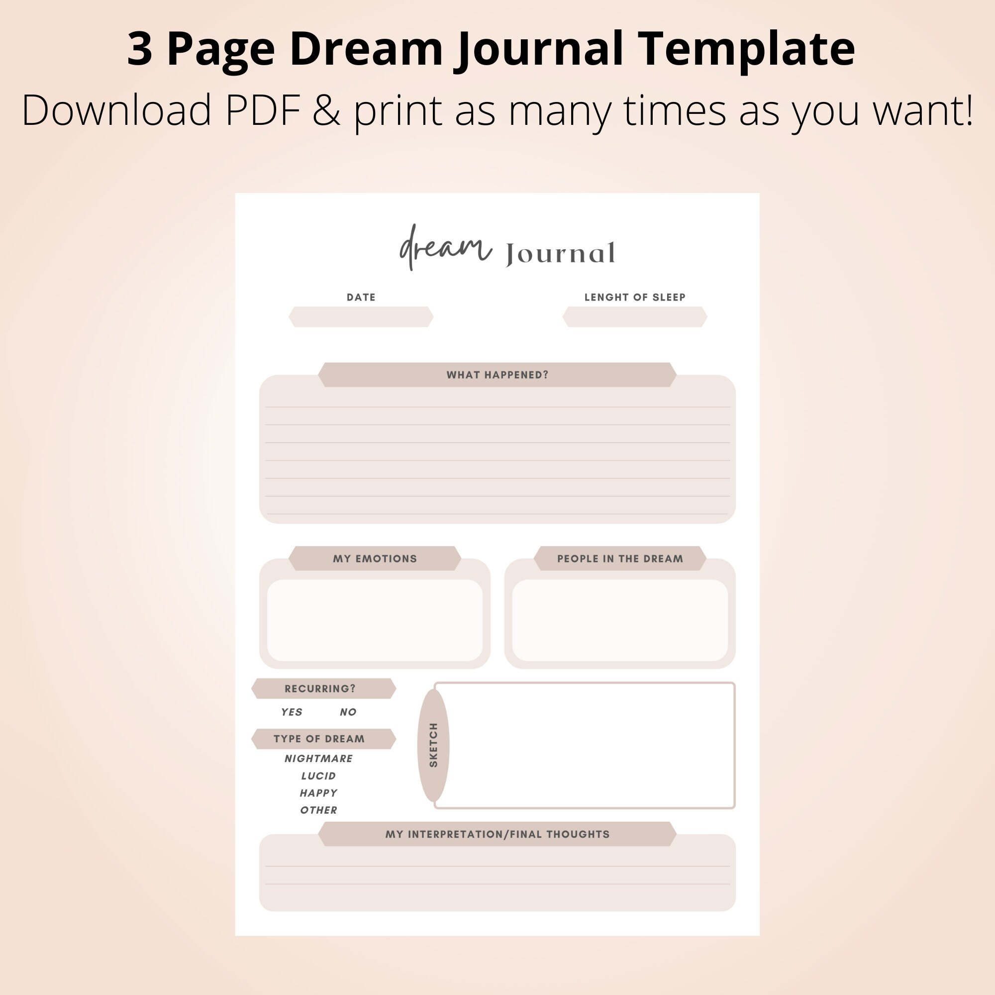 Dream Journal Printable PDF Dream Tracker Dream Diary - Etsy