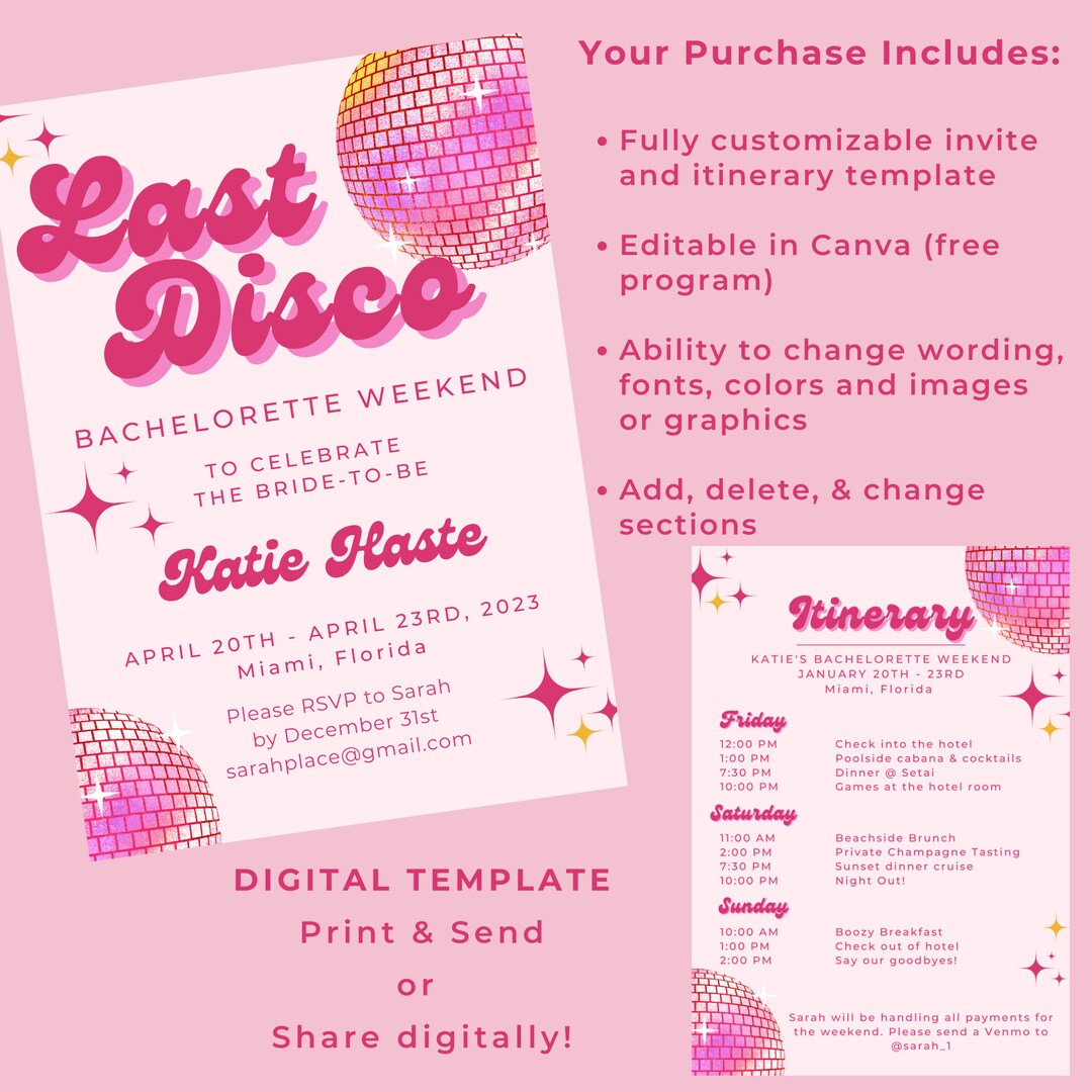 Last Disco Bachelorette Invite Itinerary, Disco Bachelorette Invite, 70 ...