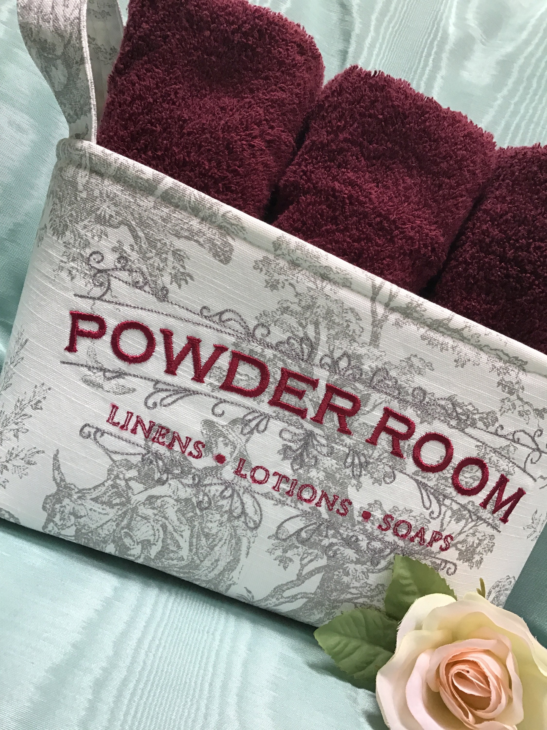 Gray Toile/burgundy Bathroom Fabric Basket - Etsy