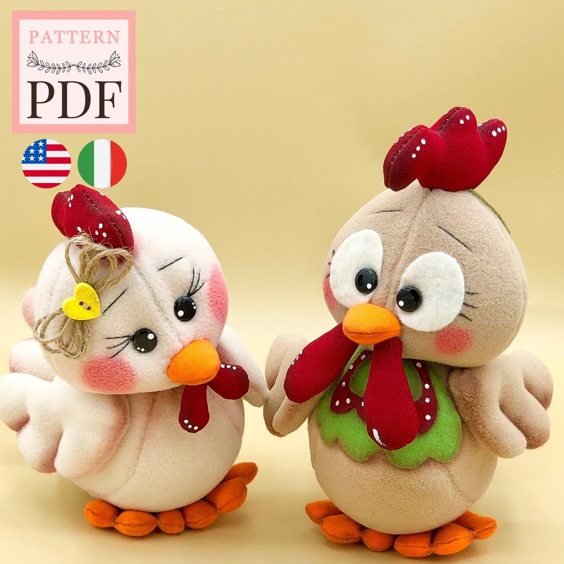 Sewing Pattern Cock Rooster Chicken "cocca E Reginaldo" - Instant ...