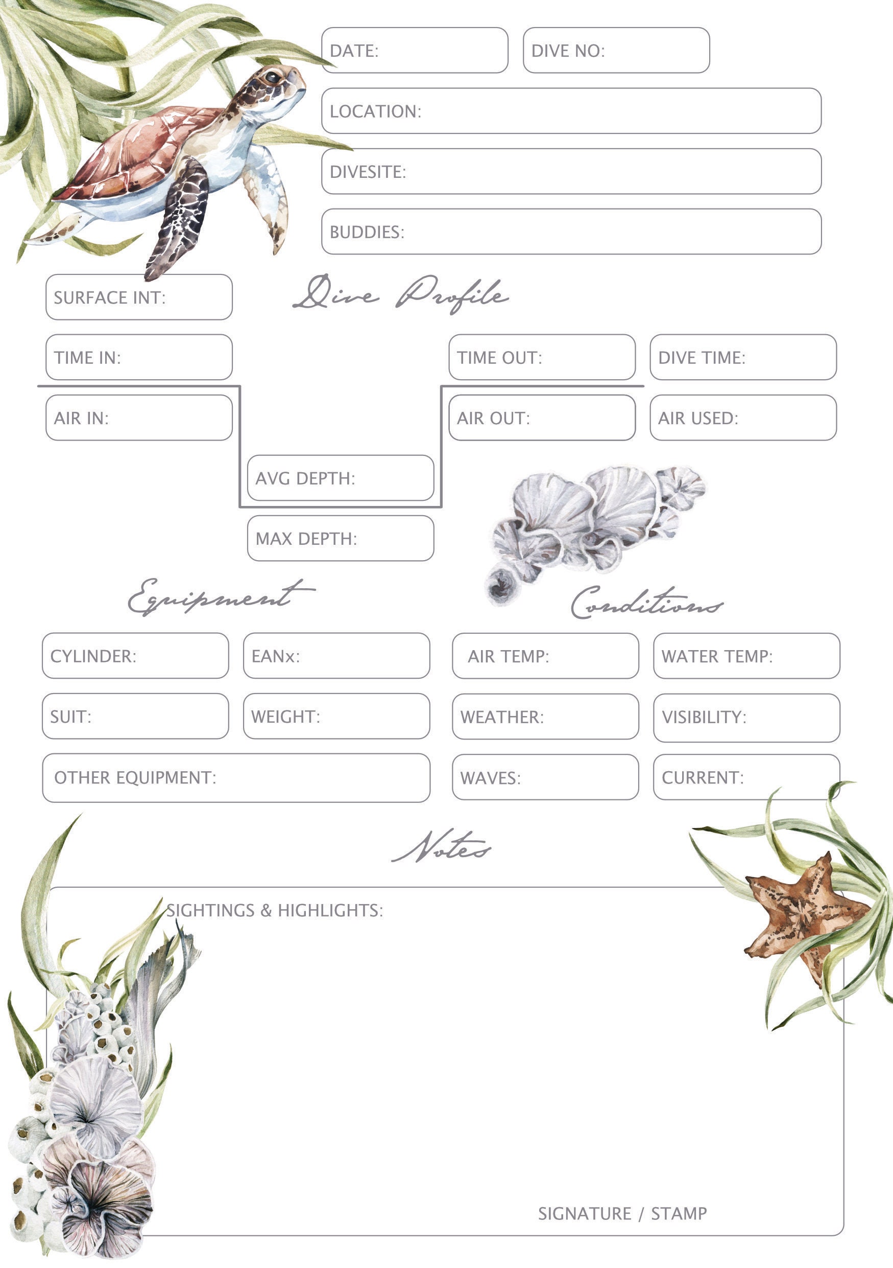 Digital SCUBA Dive Log Bundle printable personal Use - Etsy