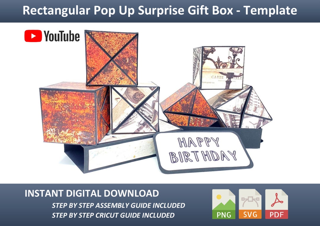 Rectangular Pop up Surprise Gift Box Template SVG, PDF and PNG, Jumping ...