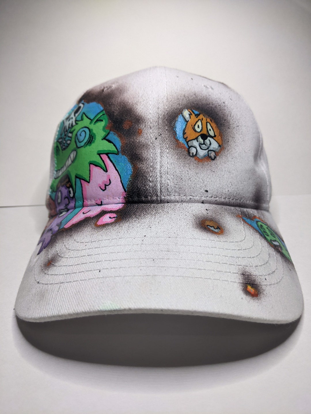 Burned Baseball Hat W/ Doodles Acrylic and Airbrushed - Etsy