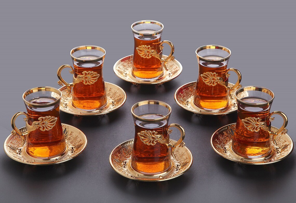 Turkish Tea Set Gold Color Sefa Heybeli Porcelain 18 Piece - Etsy