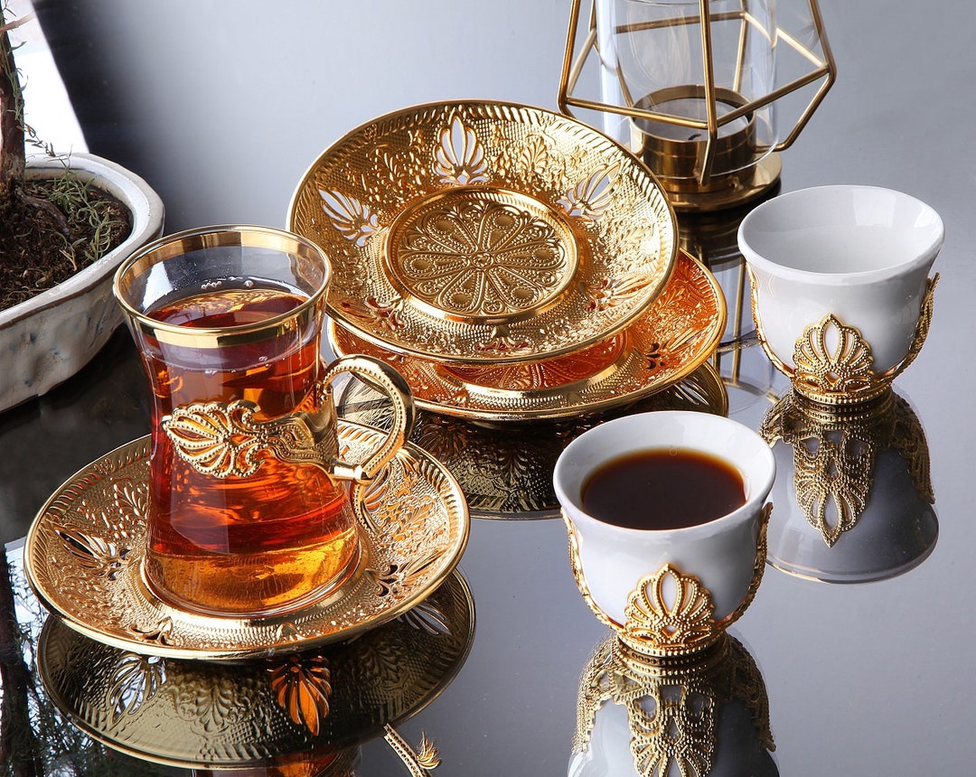 Turkish Tea Set Gold Color Sefa Heybeli Porcelain 18 Piece - Etsy