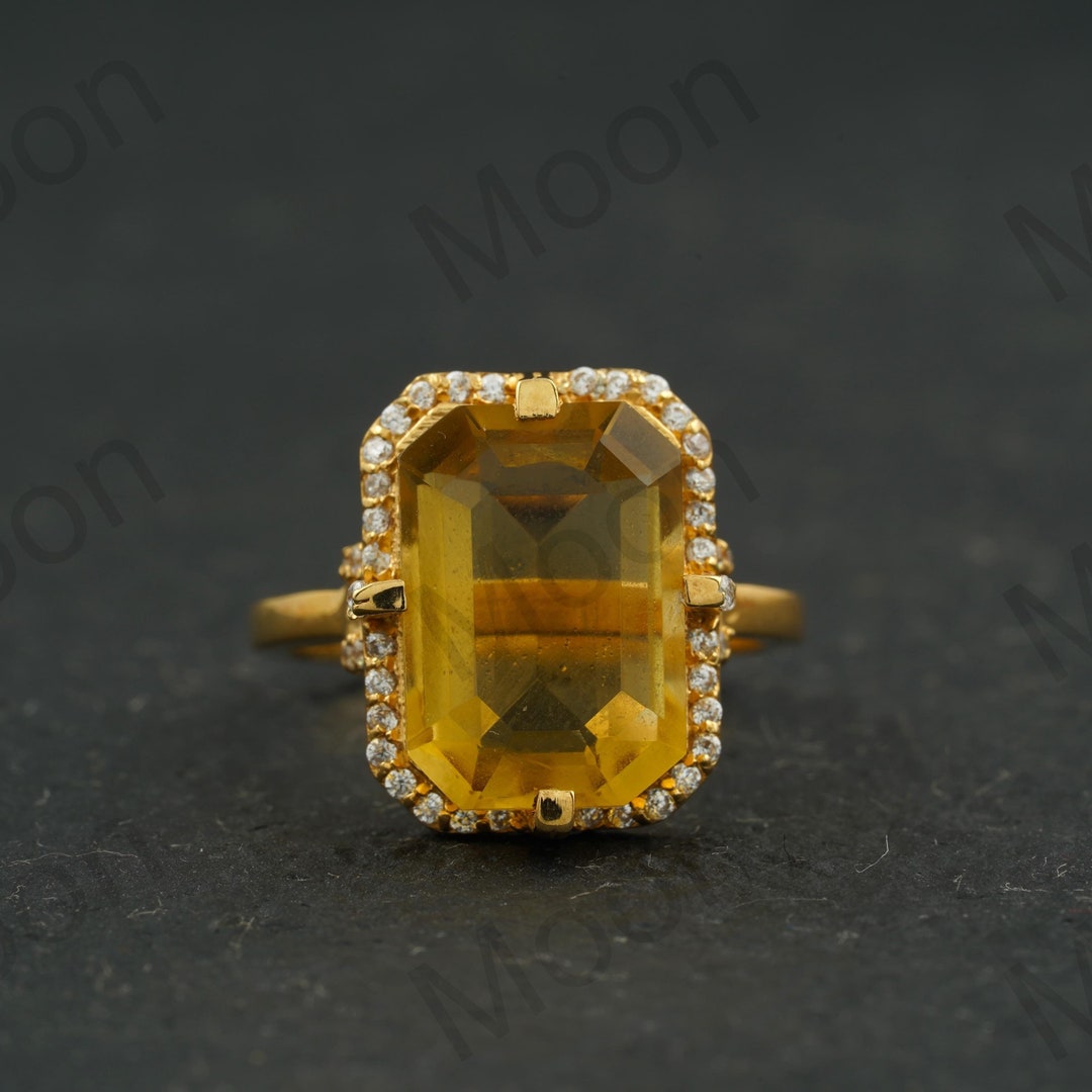 Large Citrine Ring Vintage Citrine Engagement Ring 14K Gold Emerald Cut ...