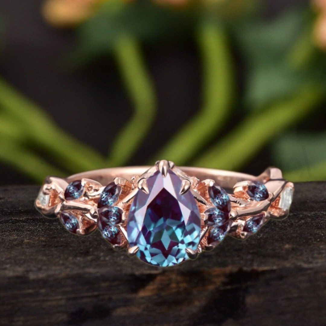 Pear Alexandrite Engagement Ring Unique Leaf Branch Design Marquise ...