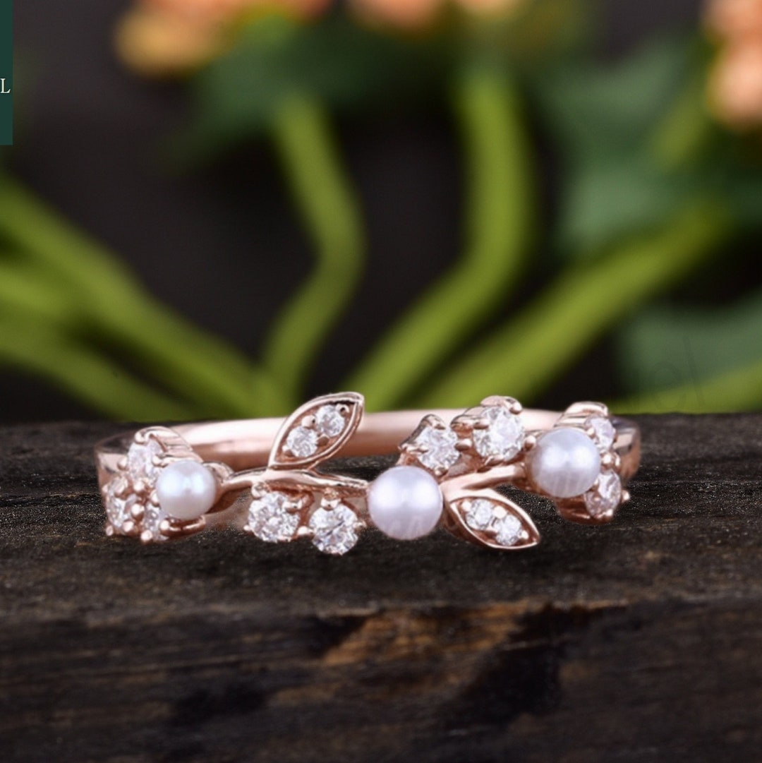 Vintage Pearl Engagement Ring Rose Gold Rings Leaf Moissanite Wedding Ring Art Deco Leaf Floral ...