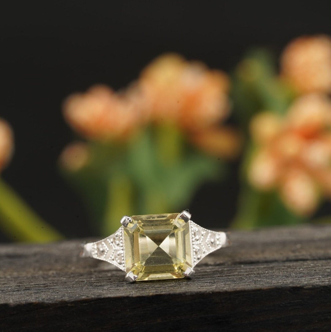 Yellow Moissanite Engagement Ring, Asscher Cut Moissanite Ring, Side ...