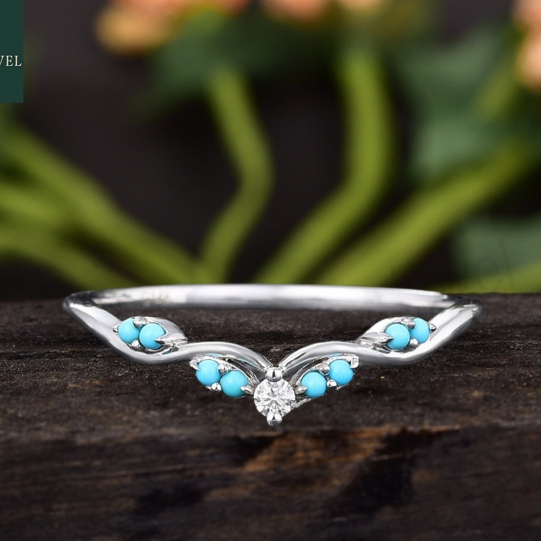 Curved Turquoise Wedding Band Women Vintage Moissanite Half Eternity ...