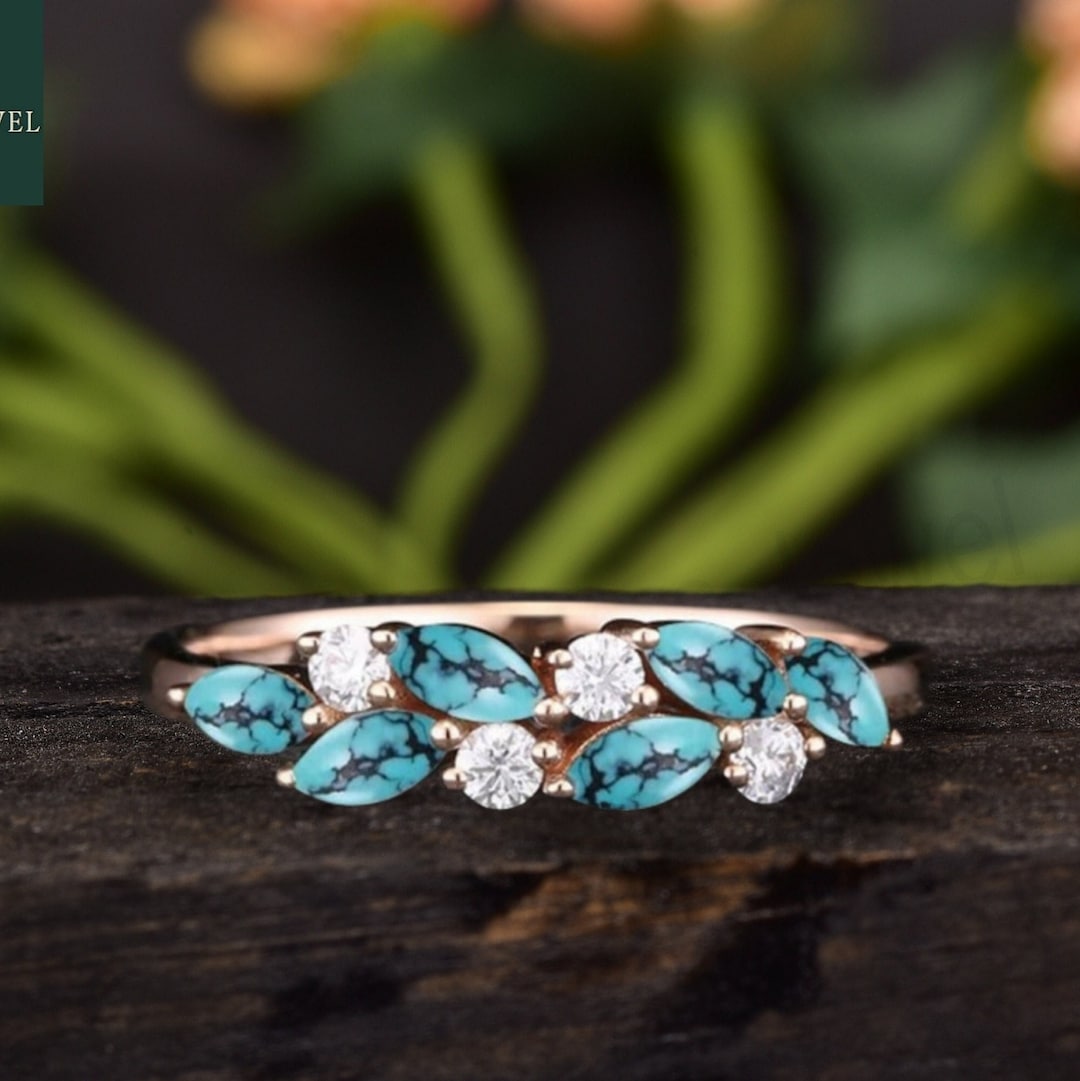 Marquise Turquoise Wedding Band Women Rose Gold Vintage Moissanite ...