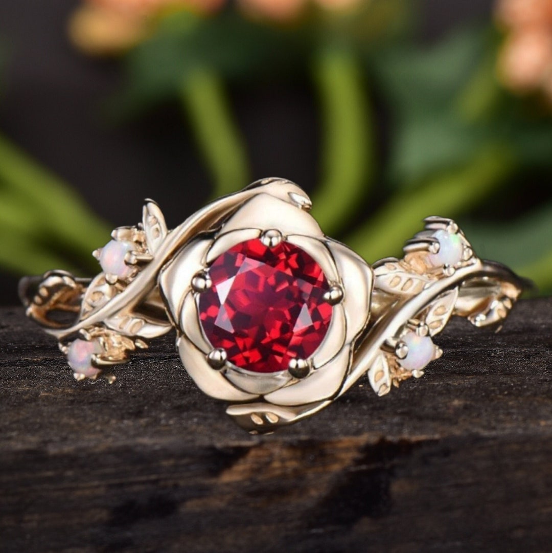 Vintage Round Ruby Engagement Ring Unique Twig Leaf Rose Flower Ring Gold Red Ruby Nature ...