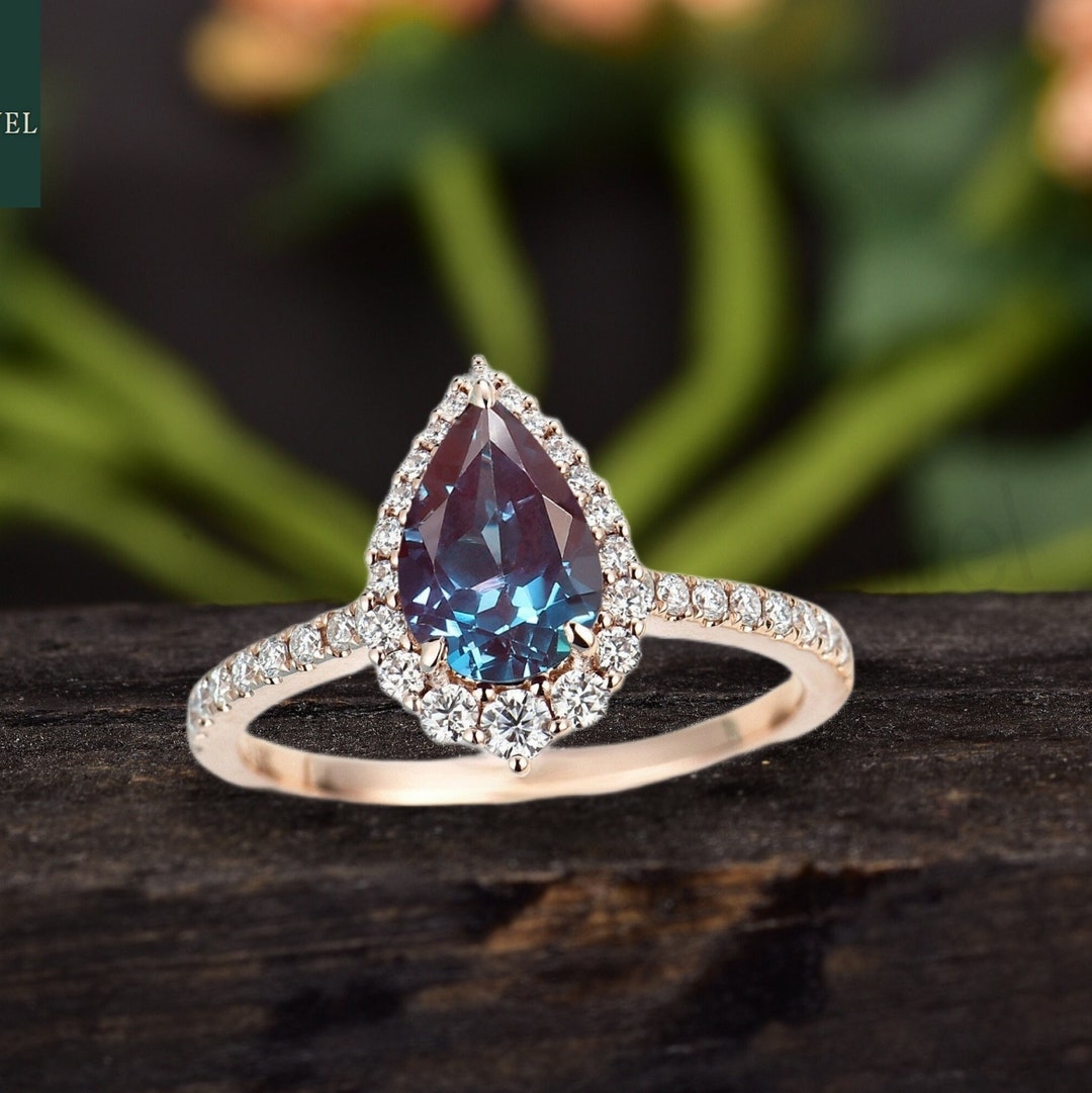 Vintage Pear Alexandrite Engagement Ring Moissanite Halo Rose - Etsy
