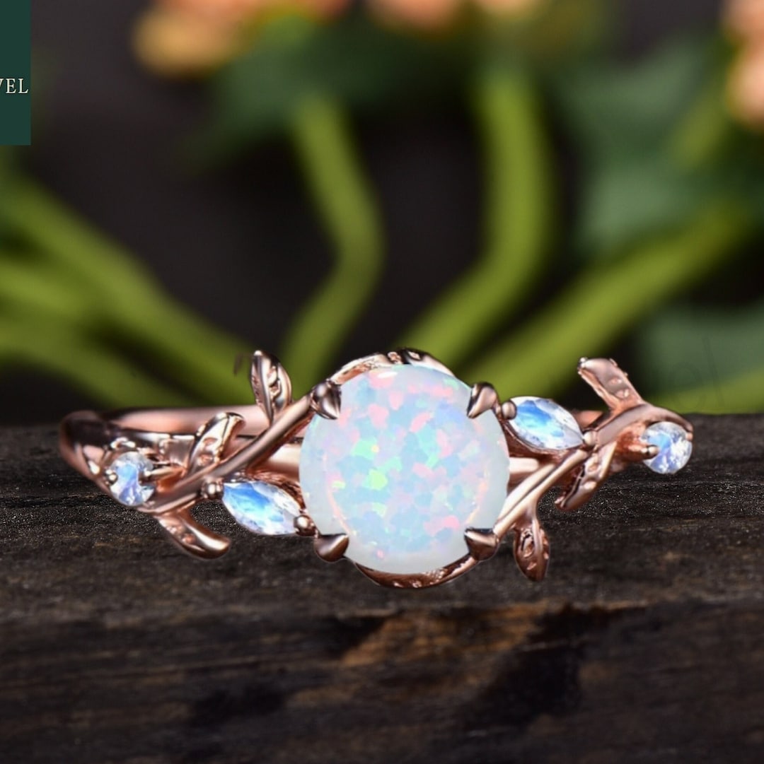 Opal Engagement Ring Nature Inspired Round Cluster Natural Leaf ...